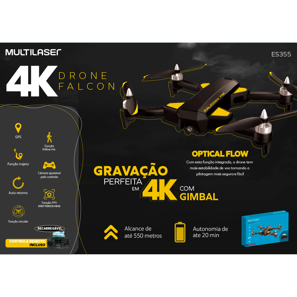 Drone Falcon Gps Câmera 4K Gimbal Fpv 550M 20Min Multilaser - ES355 ...