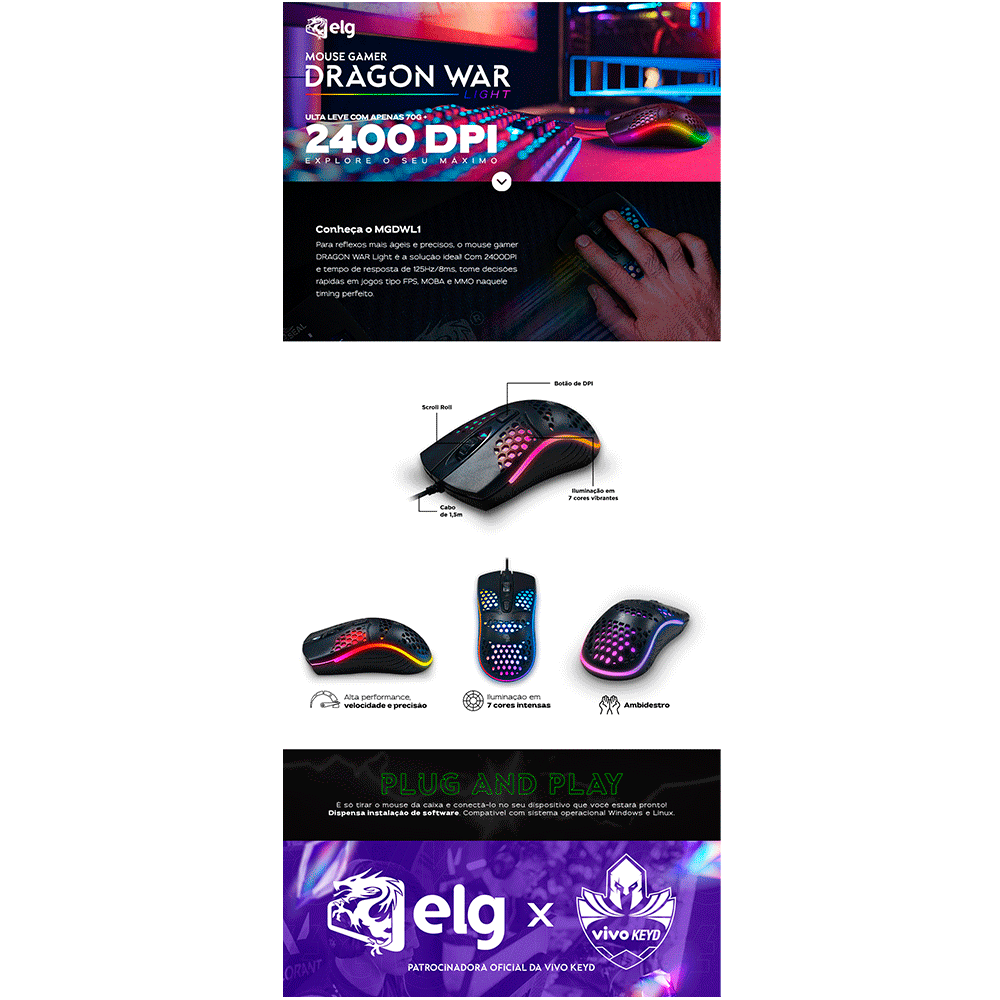 Mouse Gamer ELG Dragon War Light MGDWL 12400 DPI, Iluminação em LED 7 ...