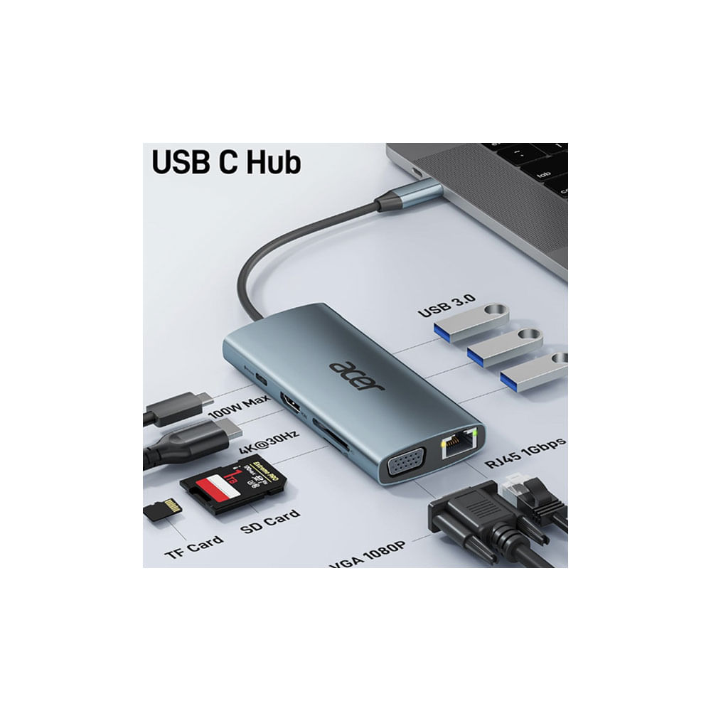 Adaptador ACER USB-C/HDMI/VGA/RJ45/PD ODK390, para carregamento e ...